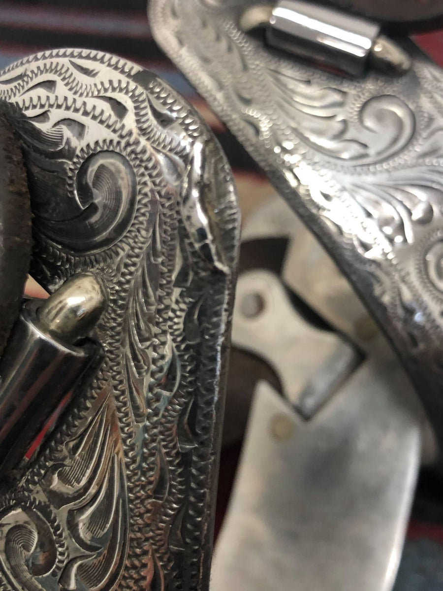 Silver Overlaid Fleming Style Spurs w/Straps Marked 84 – Classy Concho